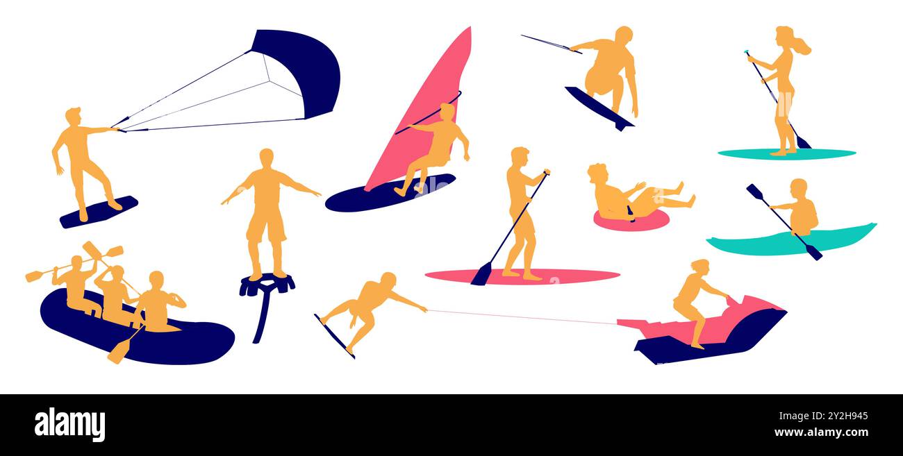 Water extreme sport hobby activity entertainment silhouette set Stock ...