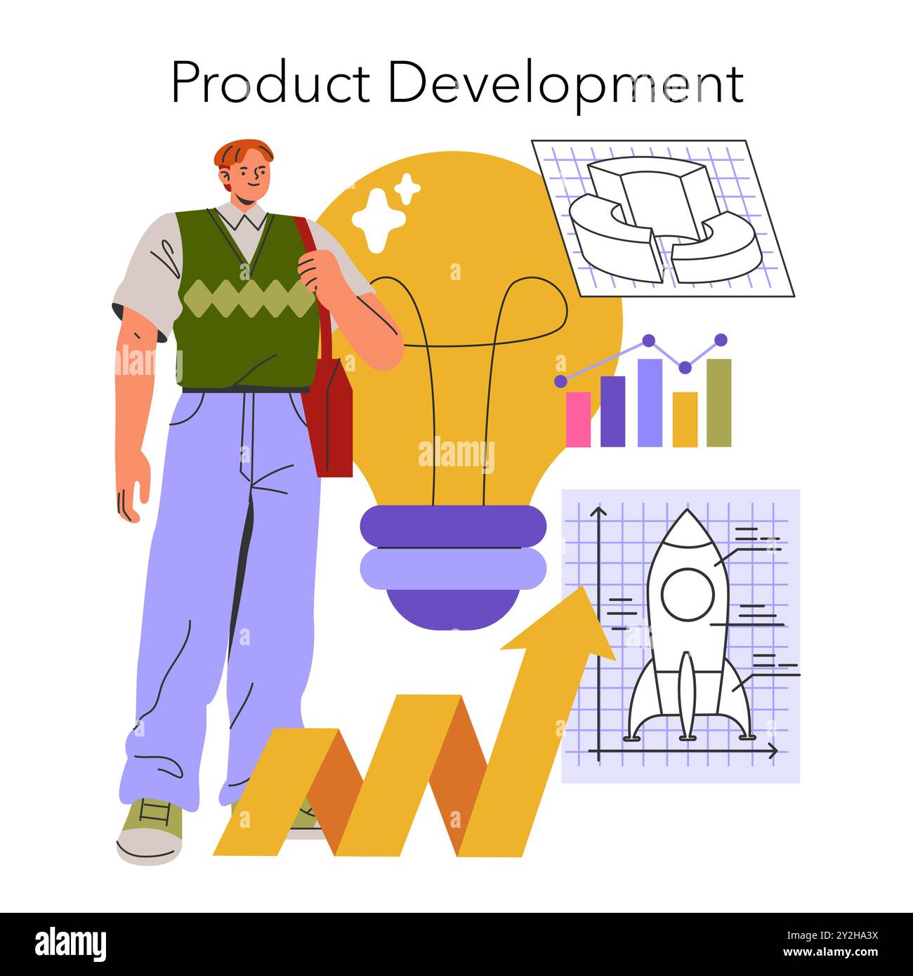 Business startup concept. Entrepreneur with idea lightbulb, growth charts, and rocket sketch ...
