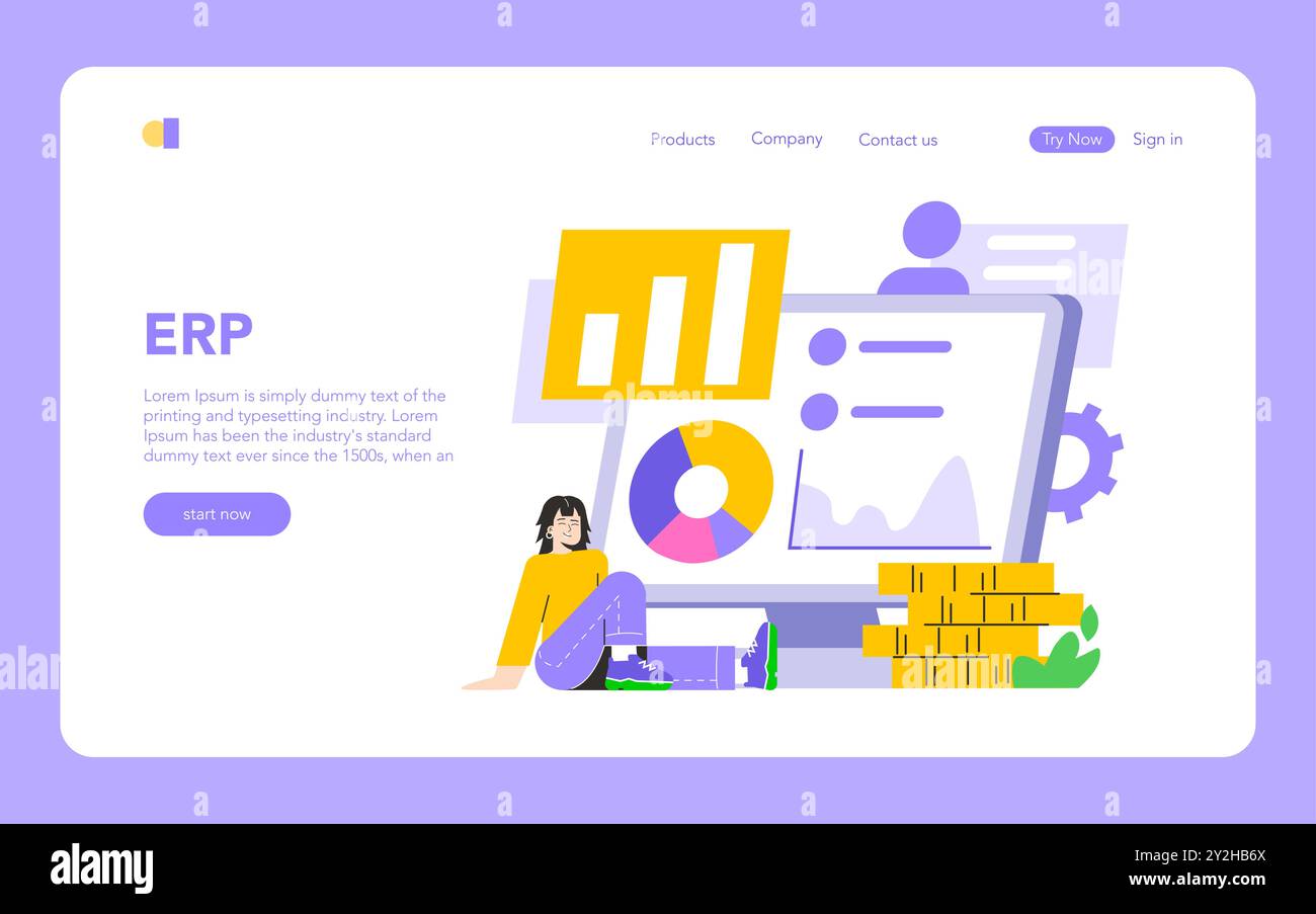 Enterprise Resource Planning concept. Digital dashboard with analytics for efficient business ...