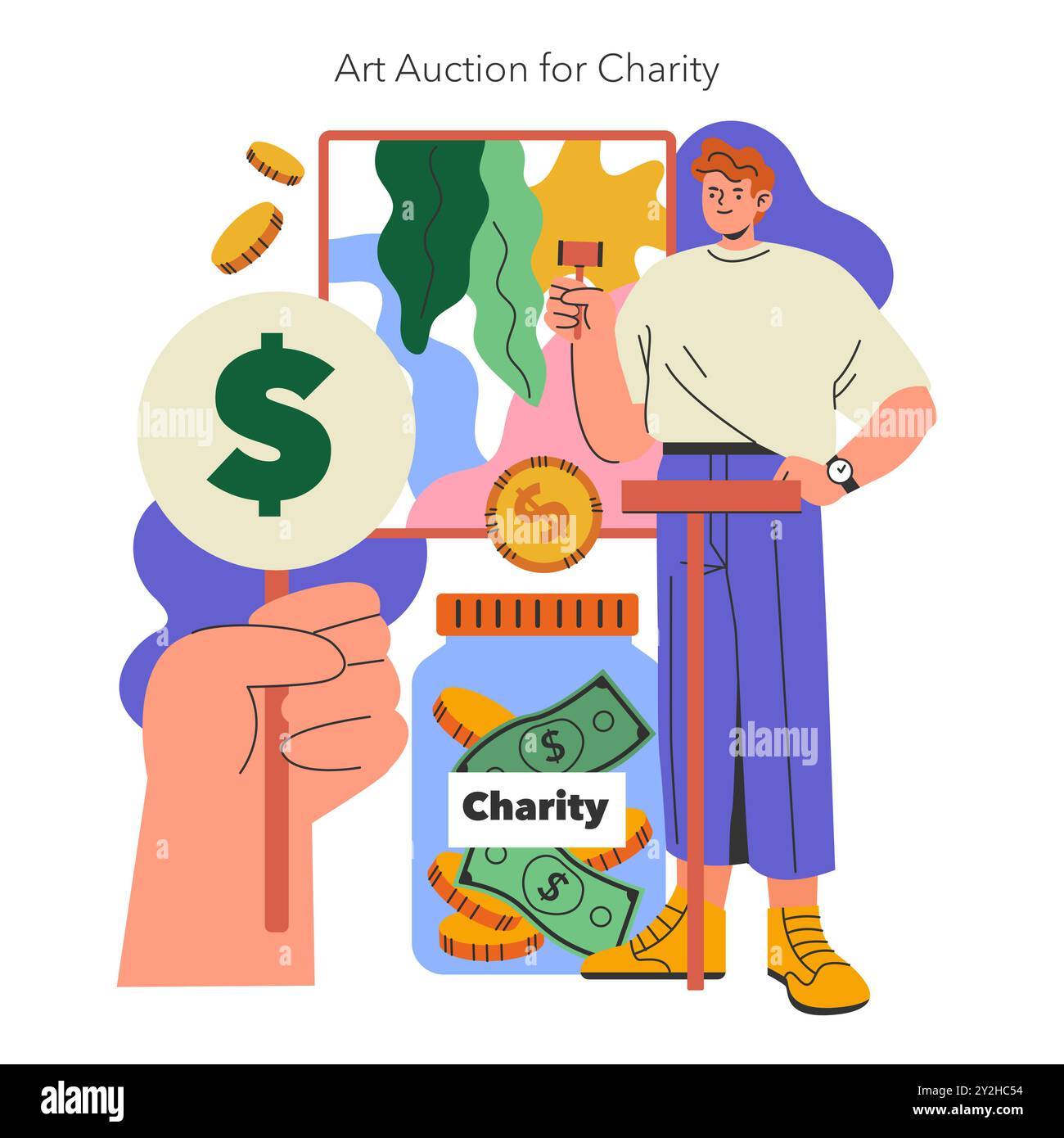 International Day of Charity concept. Illustration showing a charity auction event with an art ...