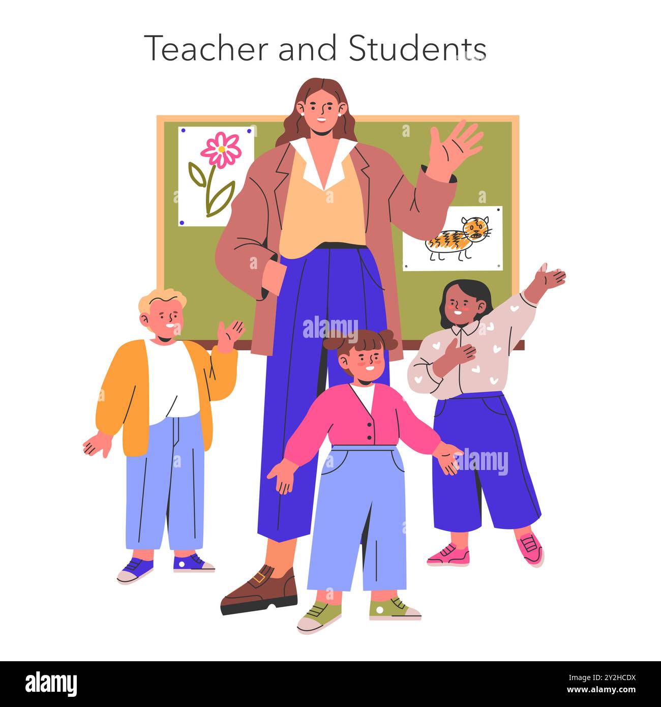 Education concept. A smiling teacher with young students in a classroom ...