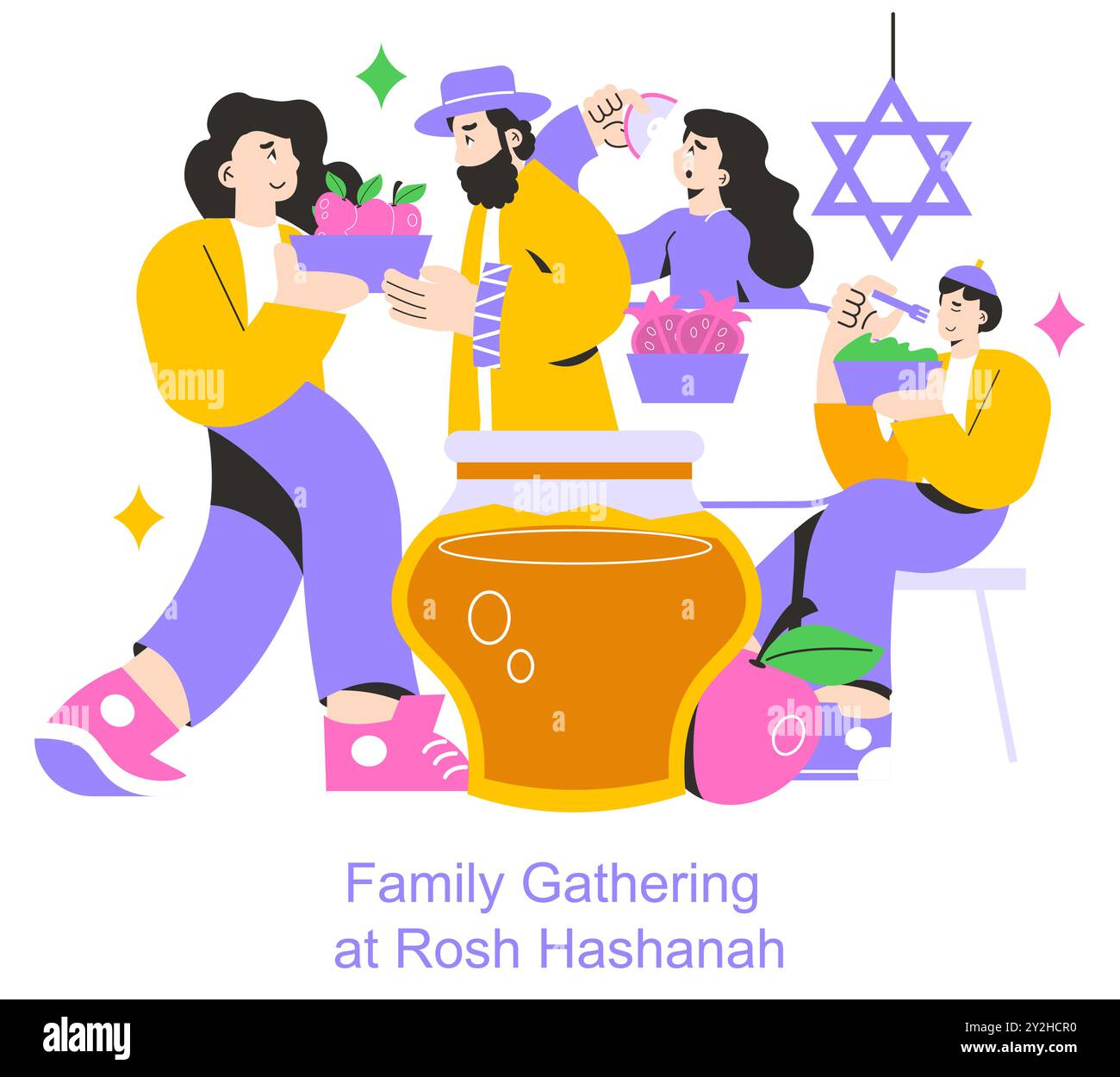 Rosh Hashanah celebration concept. Jewish family sharing a festive meal ...