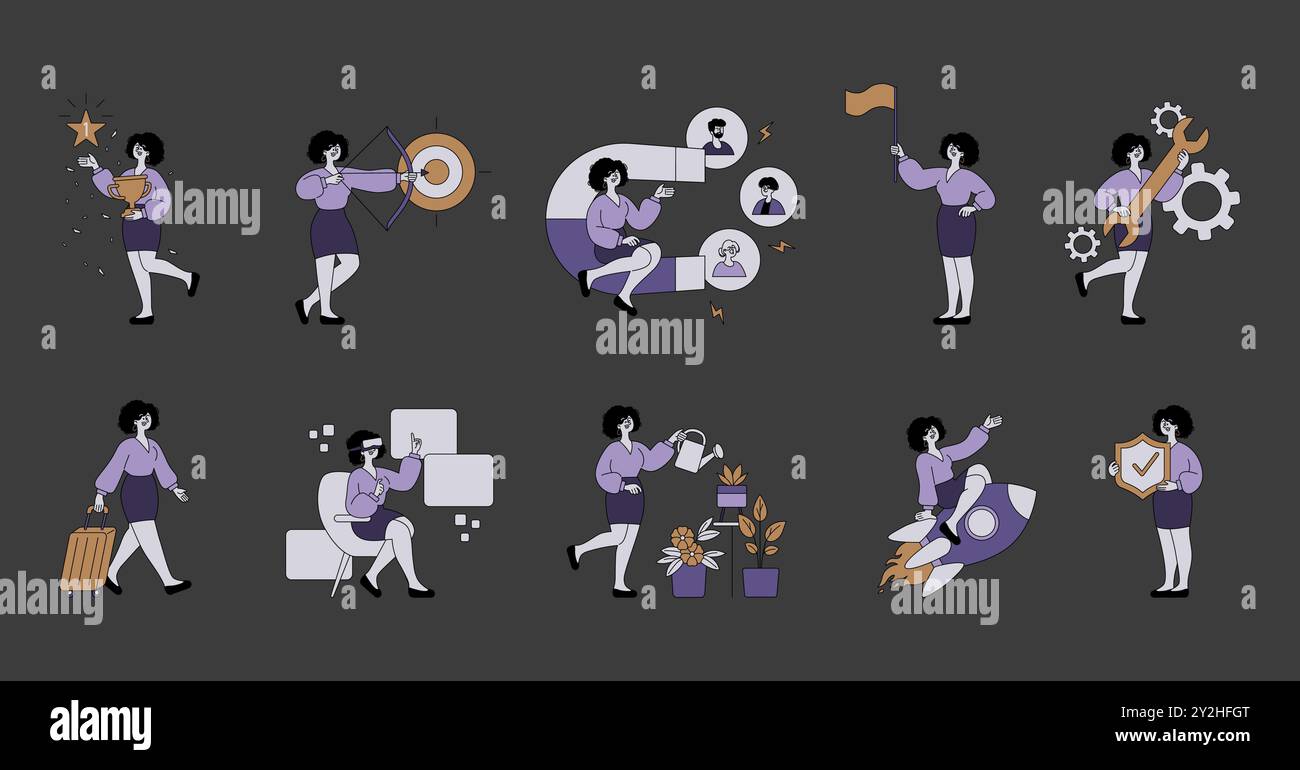 Businesswoman set. Professional activities and success metaphors ...