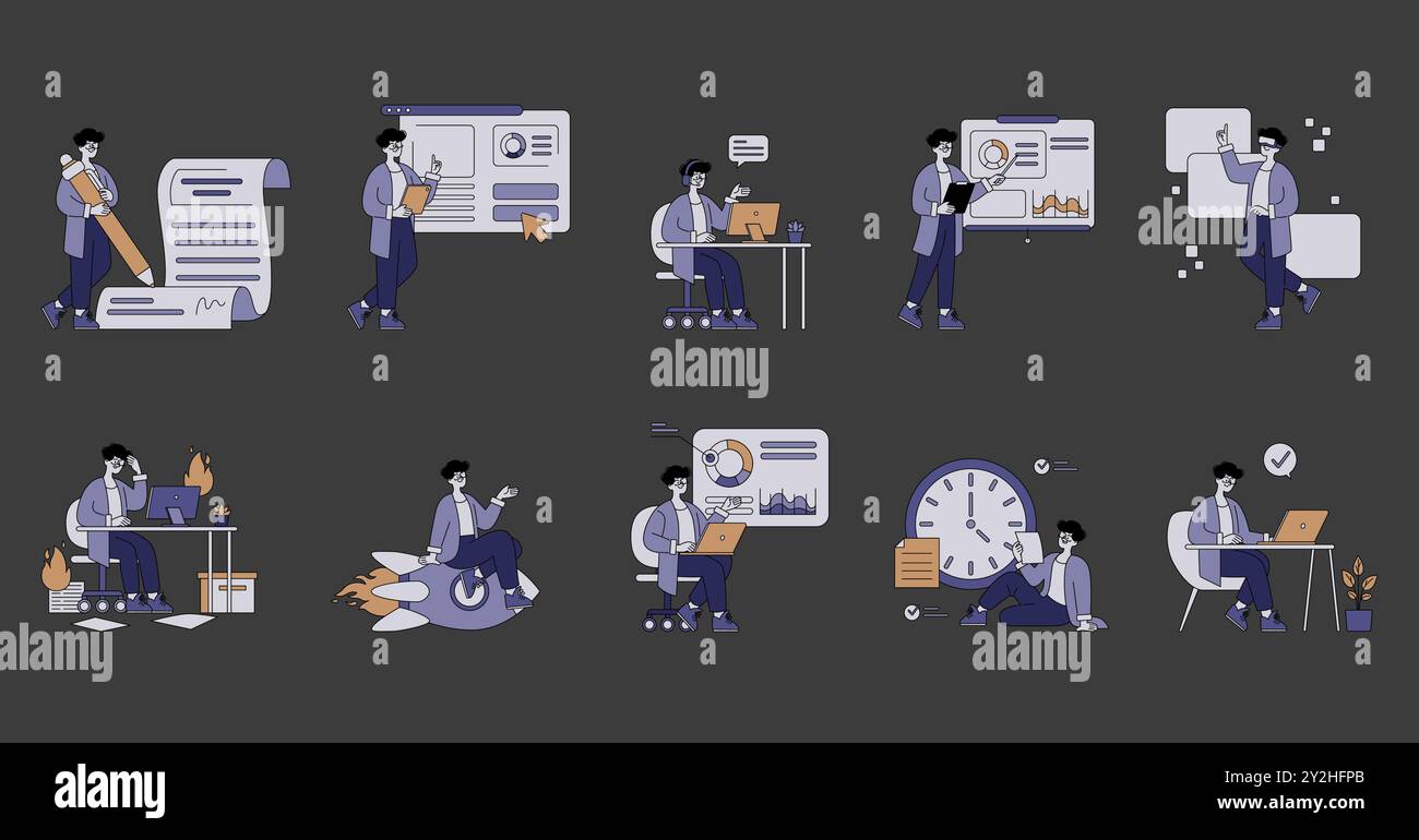 Businessman activities set. Professional in various work situations ...