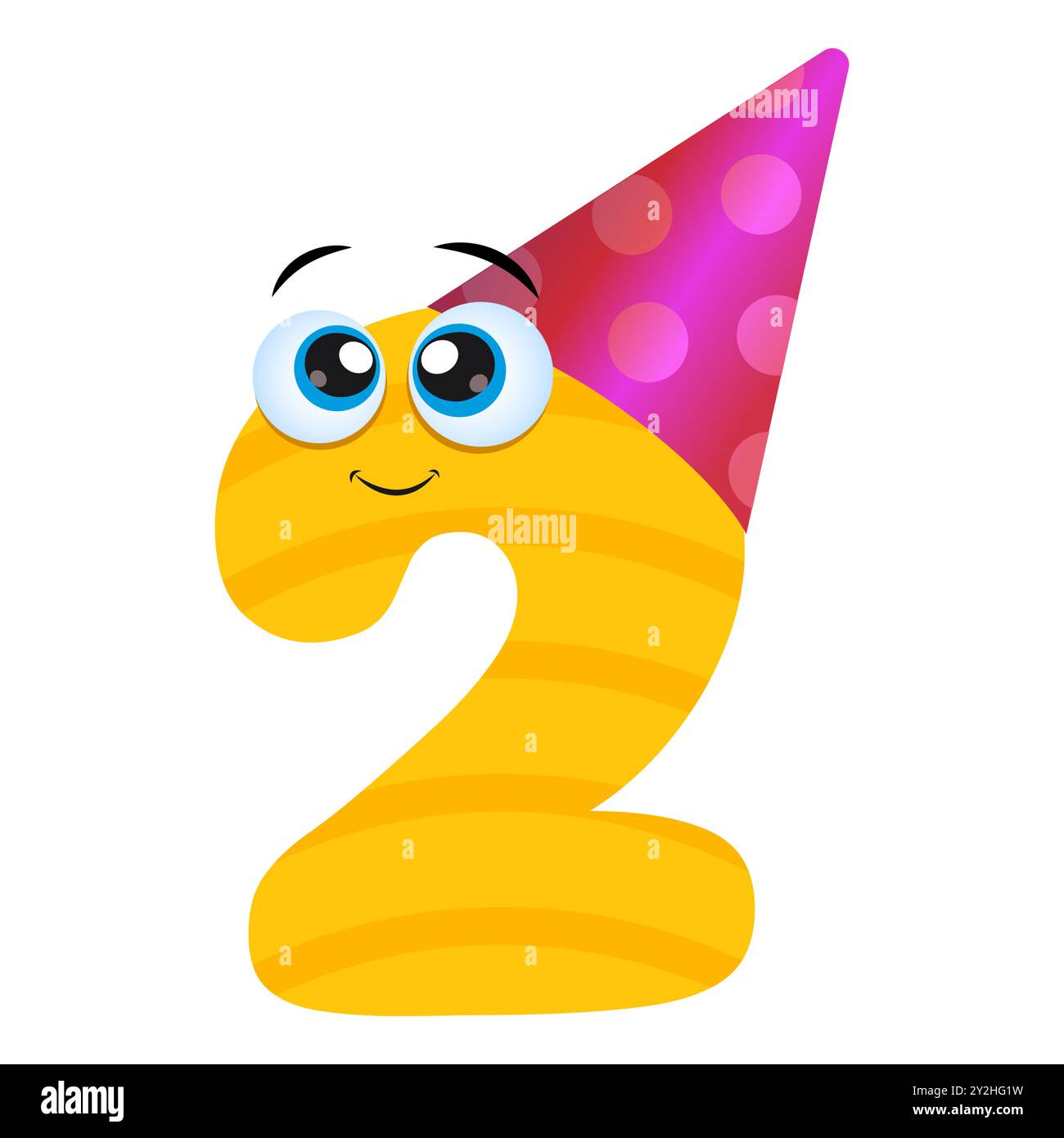 Cute Yellow Smiling number Two with eyes and festive hat. Happy ...