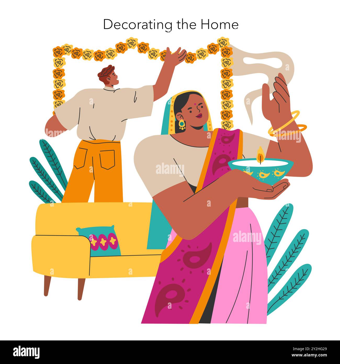Navaratri celebration concept. Indian couple decorates home with ...