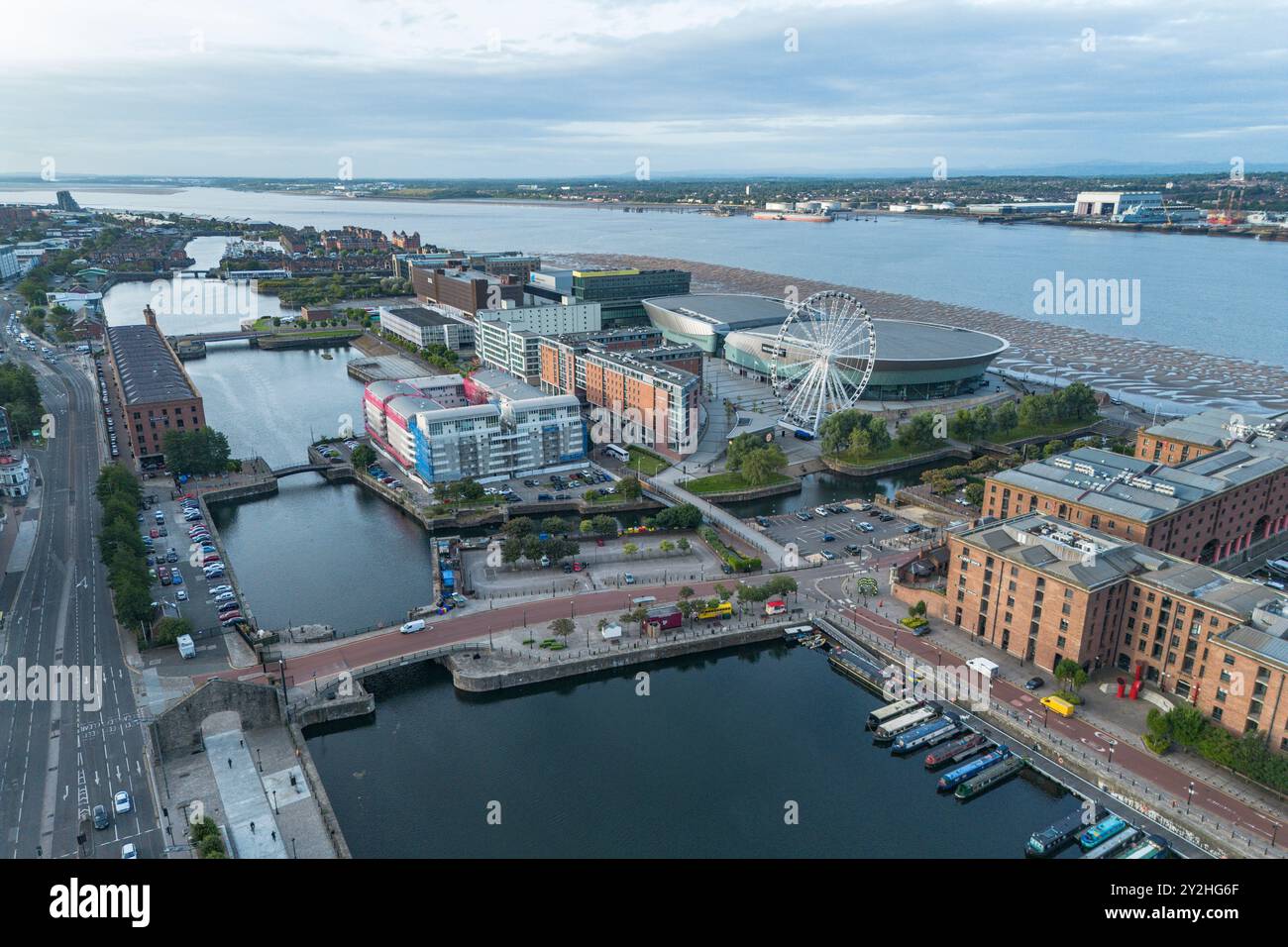 Aerial view of Salthouse Dock, M&S Bank Arena with the River Mersey ...