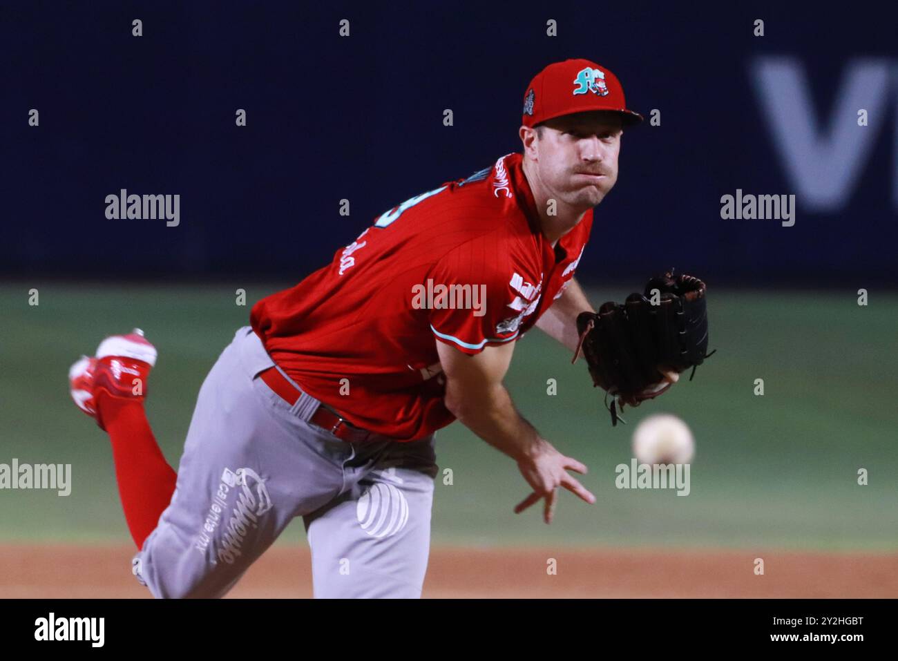 Brooks Hall #19 of Diablos Rojos, pitches the ball during the 2024 ...