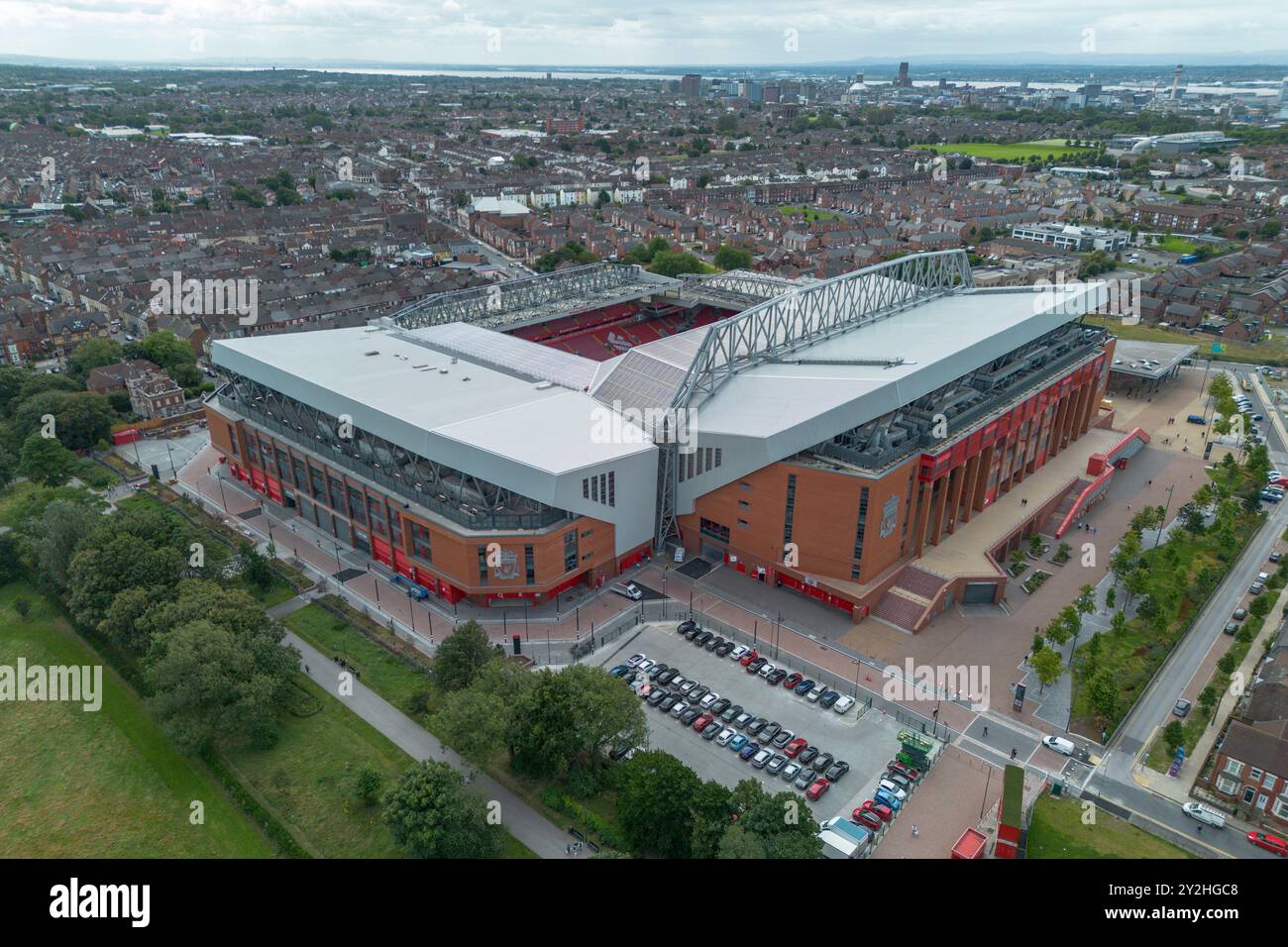 Aerial view of Anfield, the home ground of Liverpool FC, the English ...