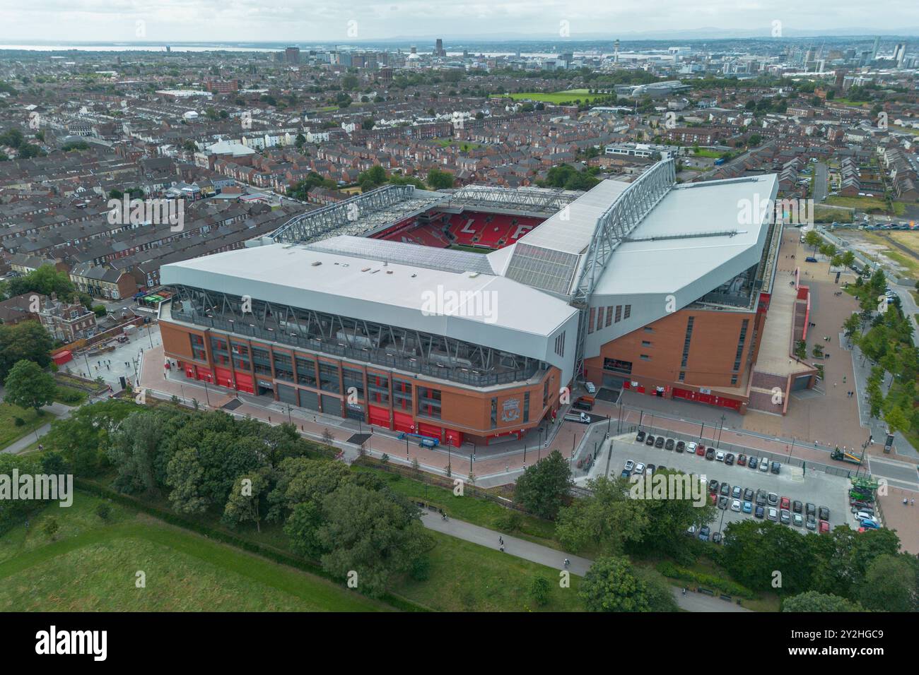 Aerial view of Anfield, the home ground of Liverpool FC, the English ...