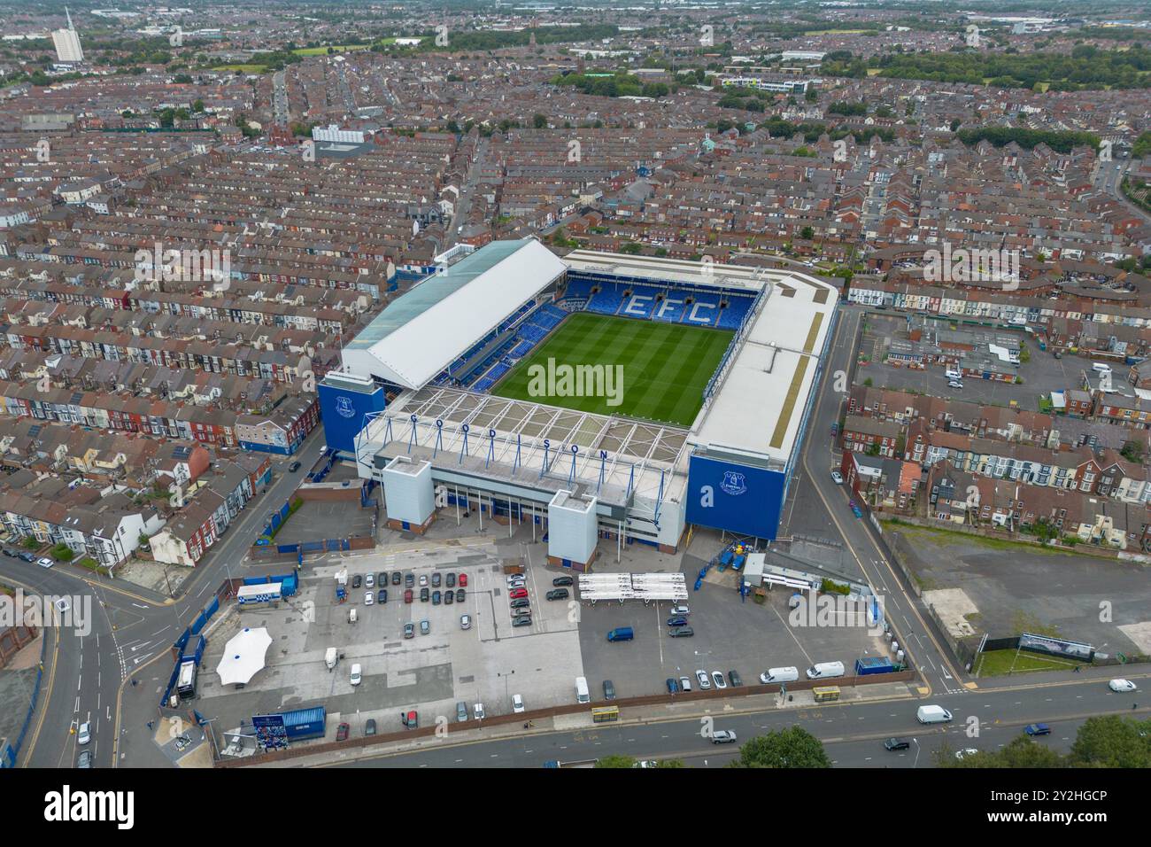 Aerial view of Goodison Park, home of Everton Football Club, Liverpool ...
