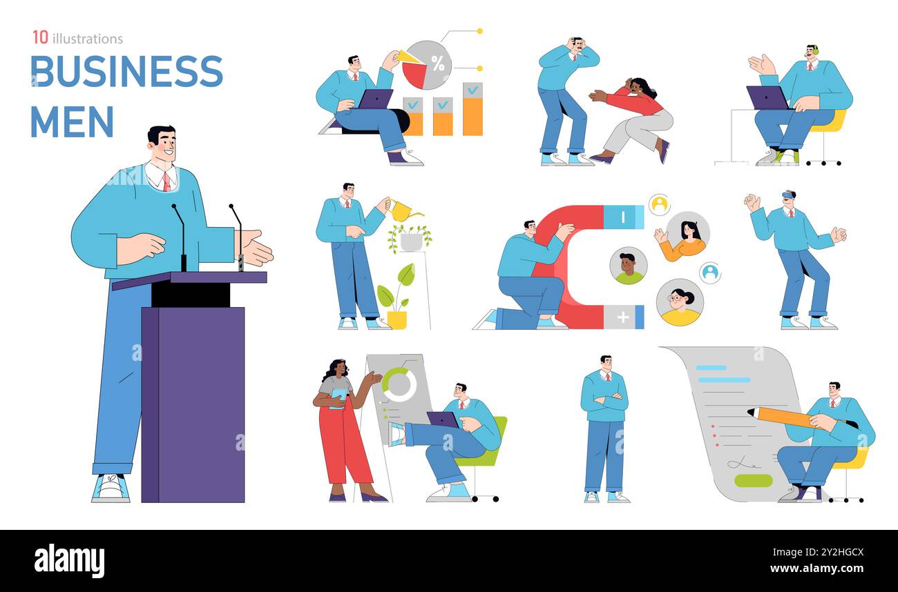 Businessmen set. Corporate professionals in various work scenarios ...