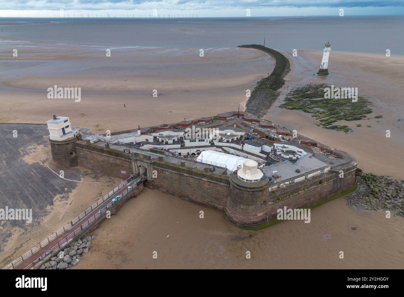 Aerial view of the Fort Perch Rock, New Brighton Beach, Wirral ...