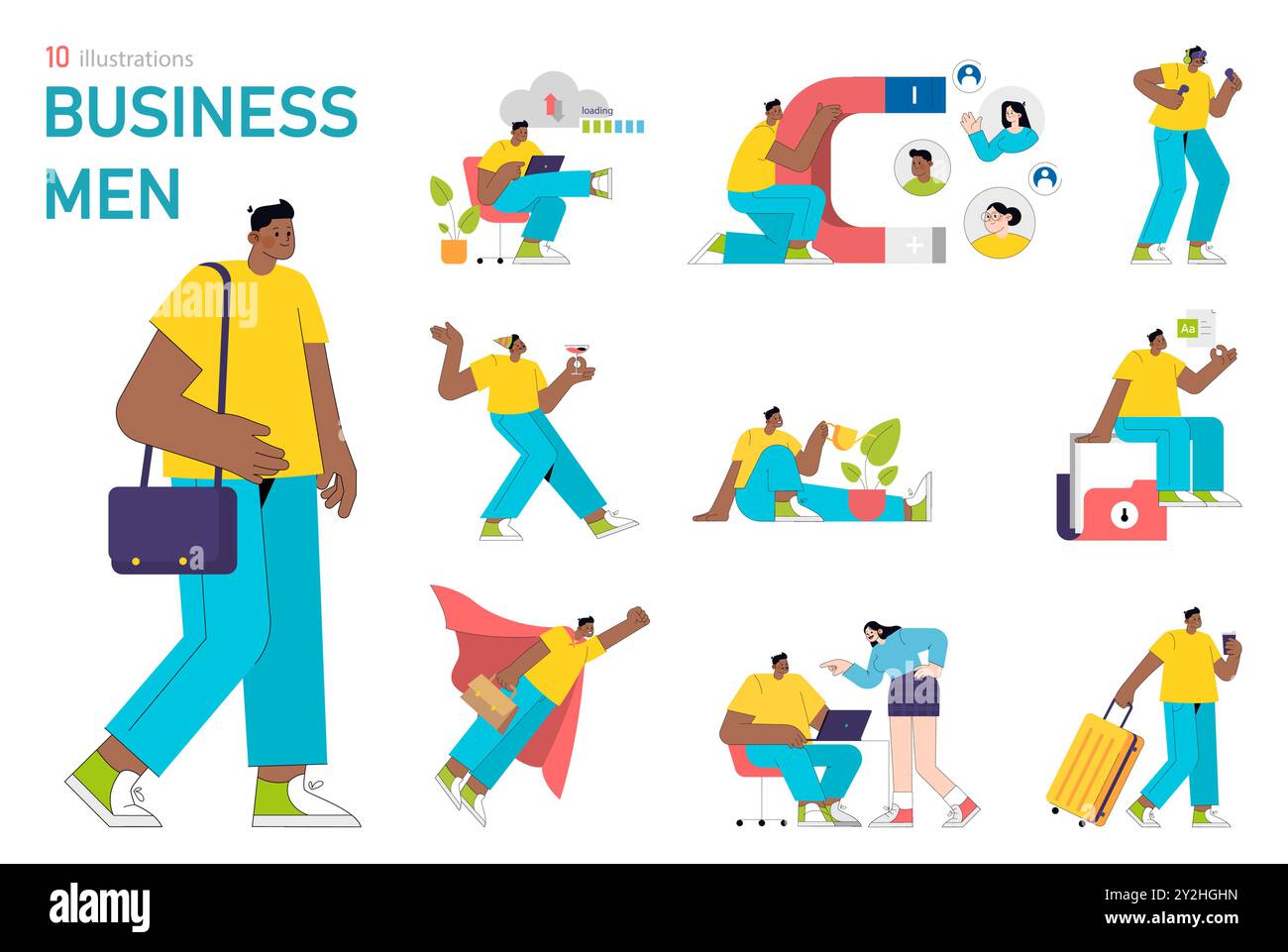 Businessmen set. Diverse scenarios including teamwork, technology use ...