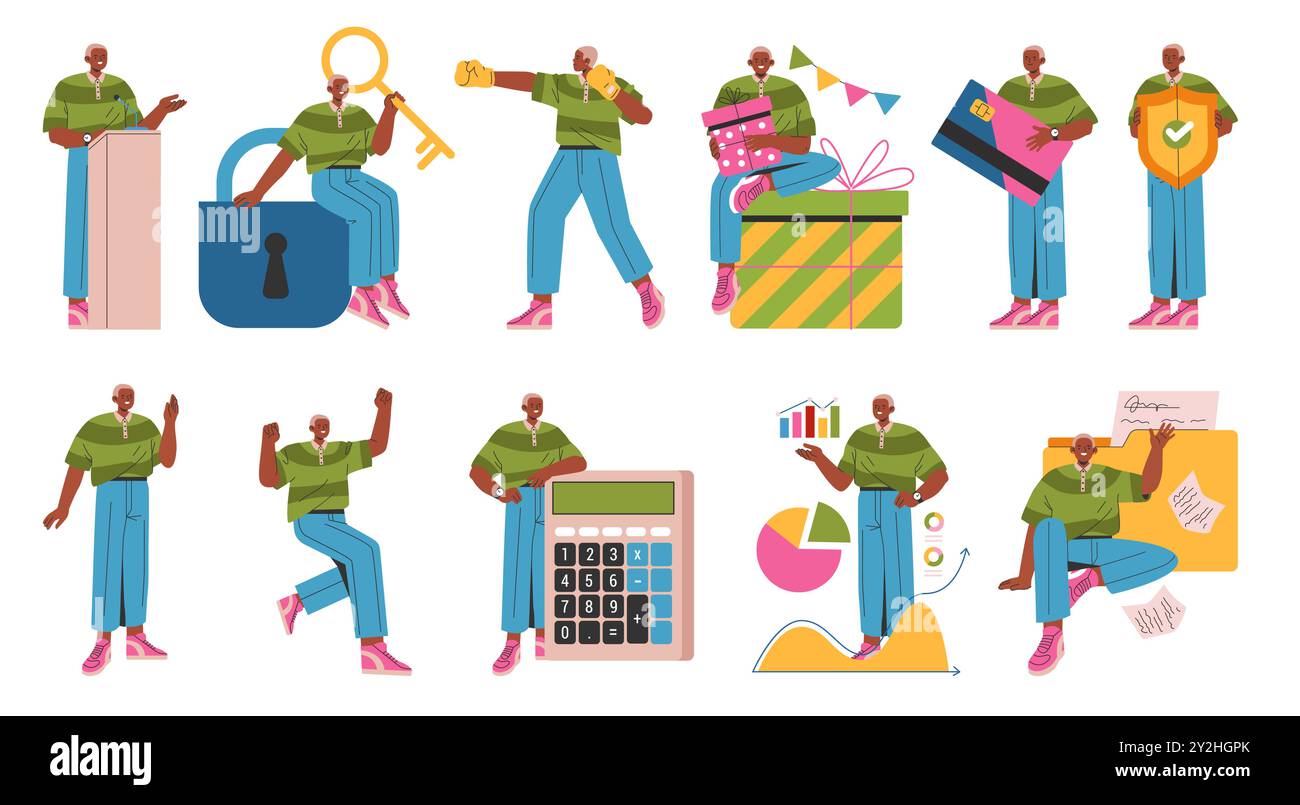 Businessman set. Diverse business activities illustrated through ...