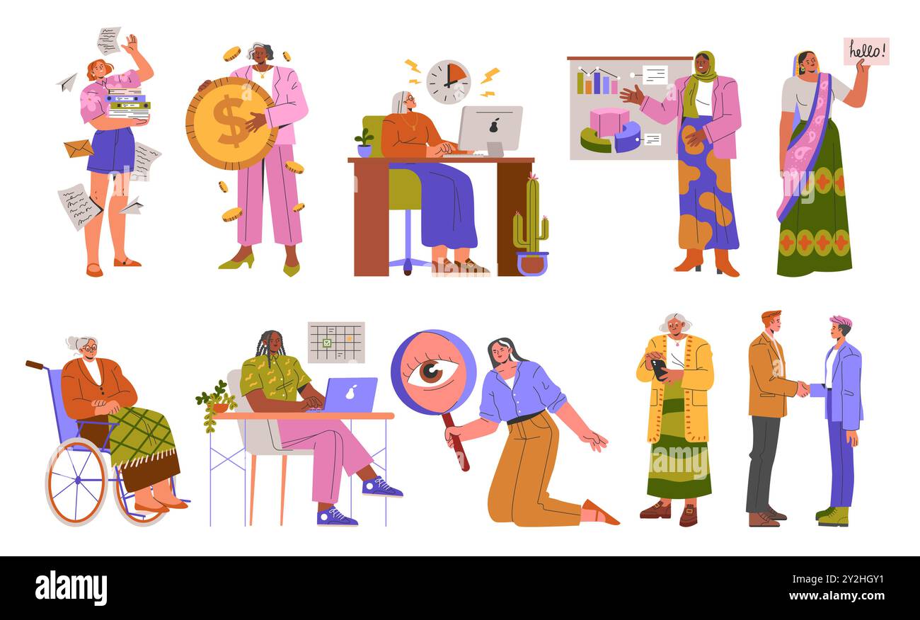 Diversity Businesswoman Set. Inclusive workplace with female professionals in various roles and ...