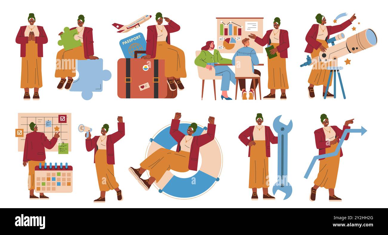 Businesswoman set. Diverse professional roles and office activities ...