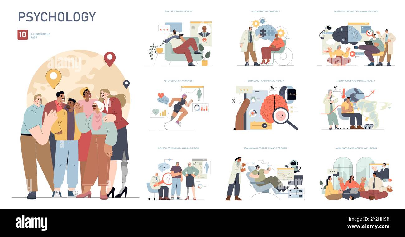Psychology set. Explore various psychological themes, from happiness to trauma, and digital ...