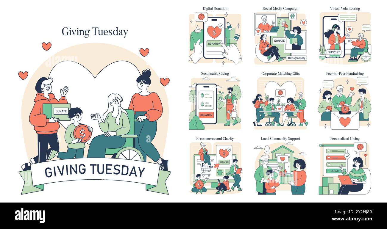 Giving Tuesday set. Illustrations depict various forms of charity and ...