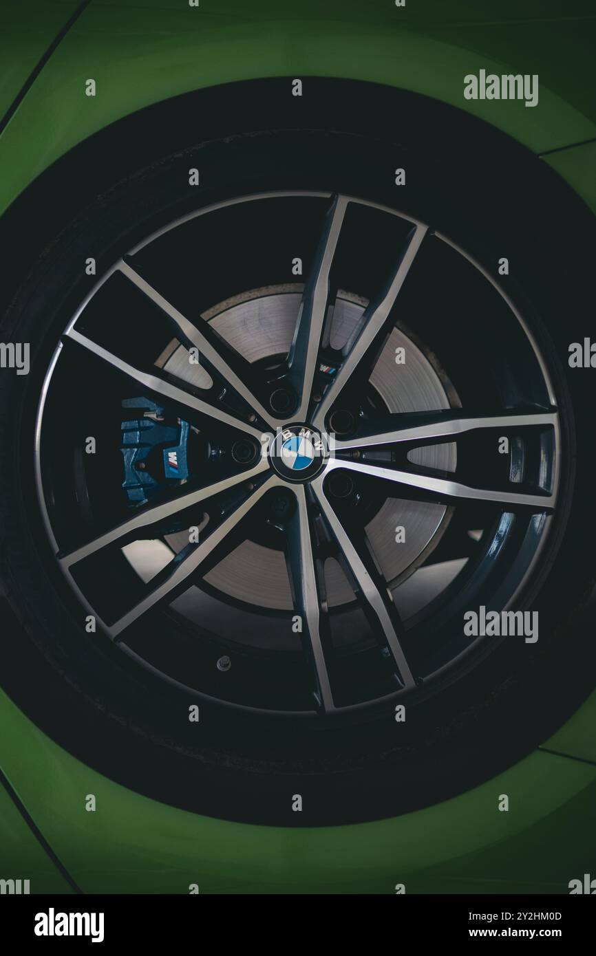 Bulgaria - 09 09 2024: Edited BMW wheel with brake details and shiny ...