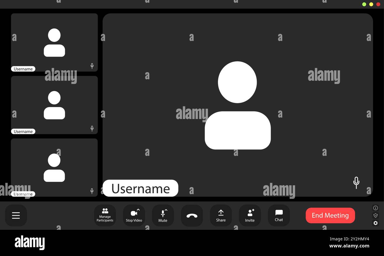 Empty video call interface with participant icons and muted audio controls during an online ...