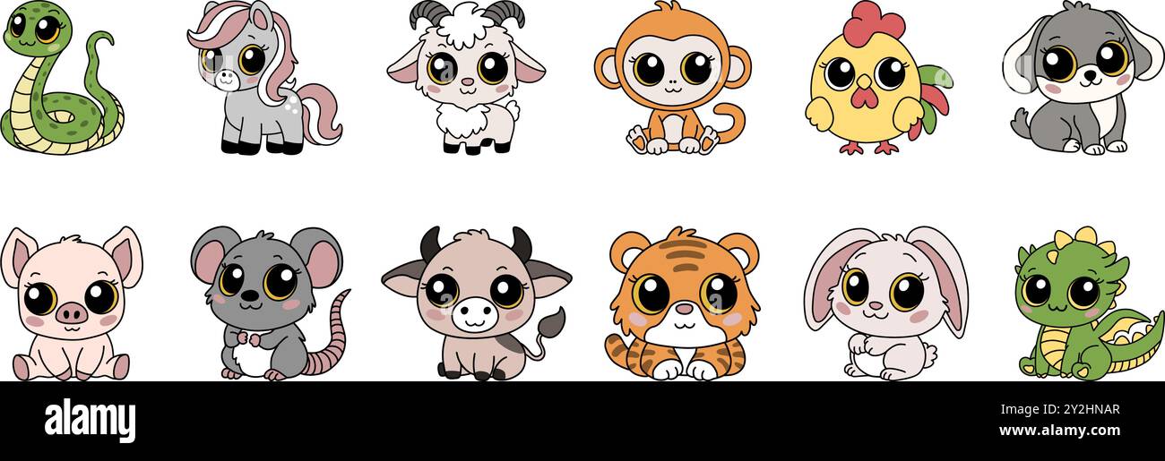 Twelve zodiac animals Chinese New Year signs icons set. Asian kawaii ...