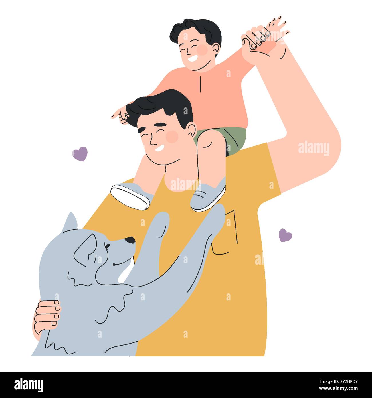 Family of single dad, little son and a dog. Happy man with a kid on his ...