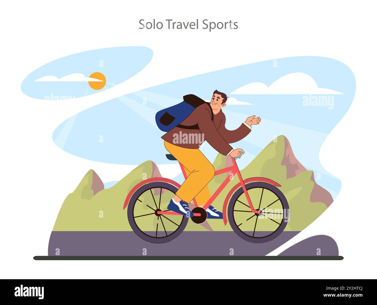 Solo travel sport. Character traveling alone with a back pack. Bicycle trip. Adventurous ...