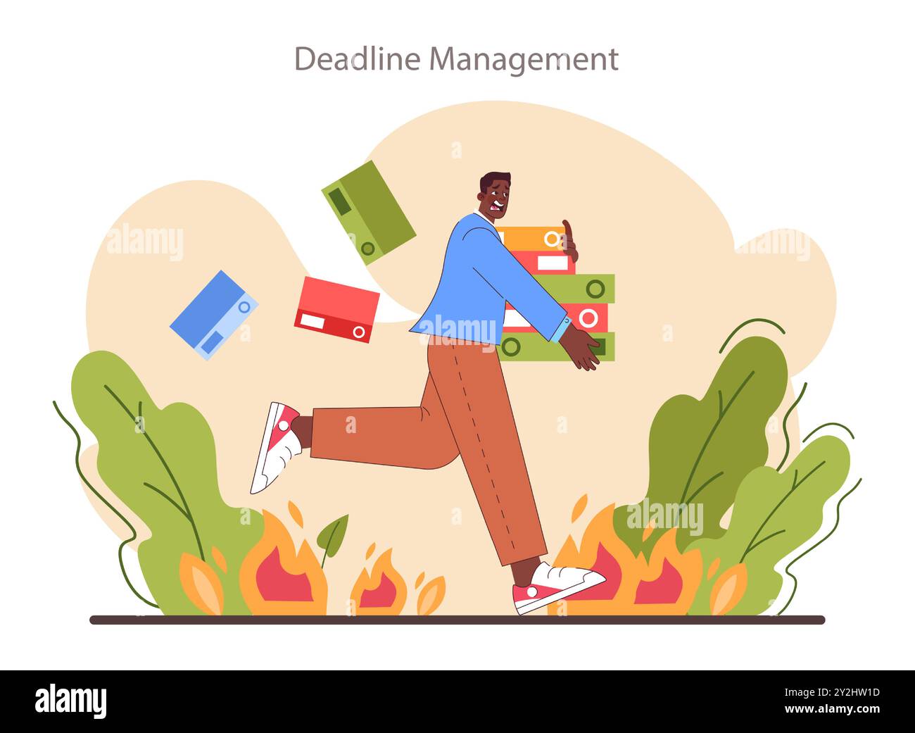 Deadline management skill. Office character with burning work time ...