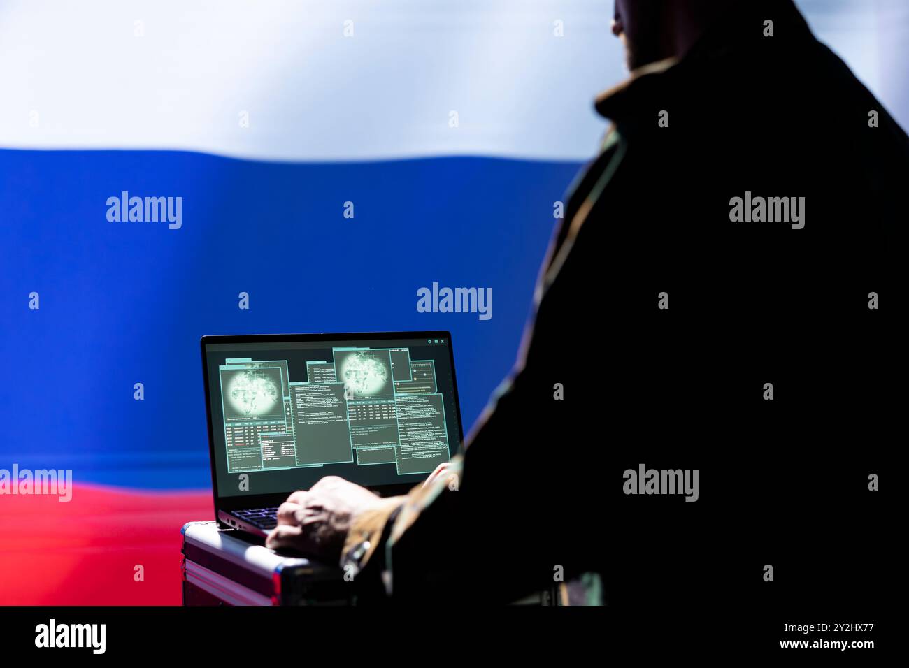 KGB soviet agent relaying surveillance data, standing isolated over ...