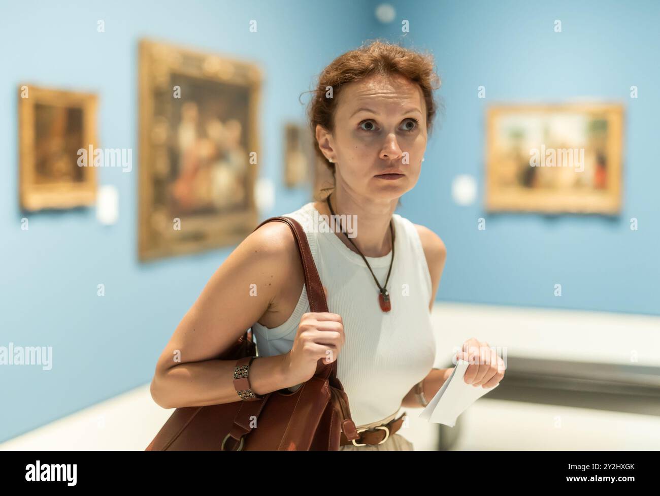 Woman viewing art gallery with brochure Stock Photo - Alamy