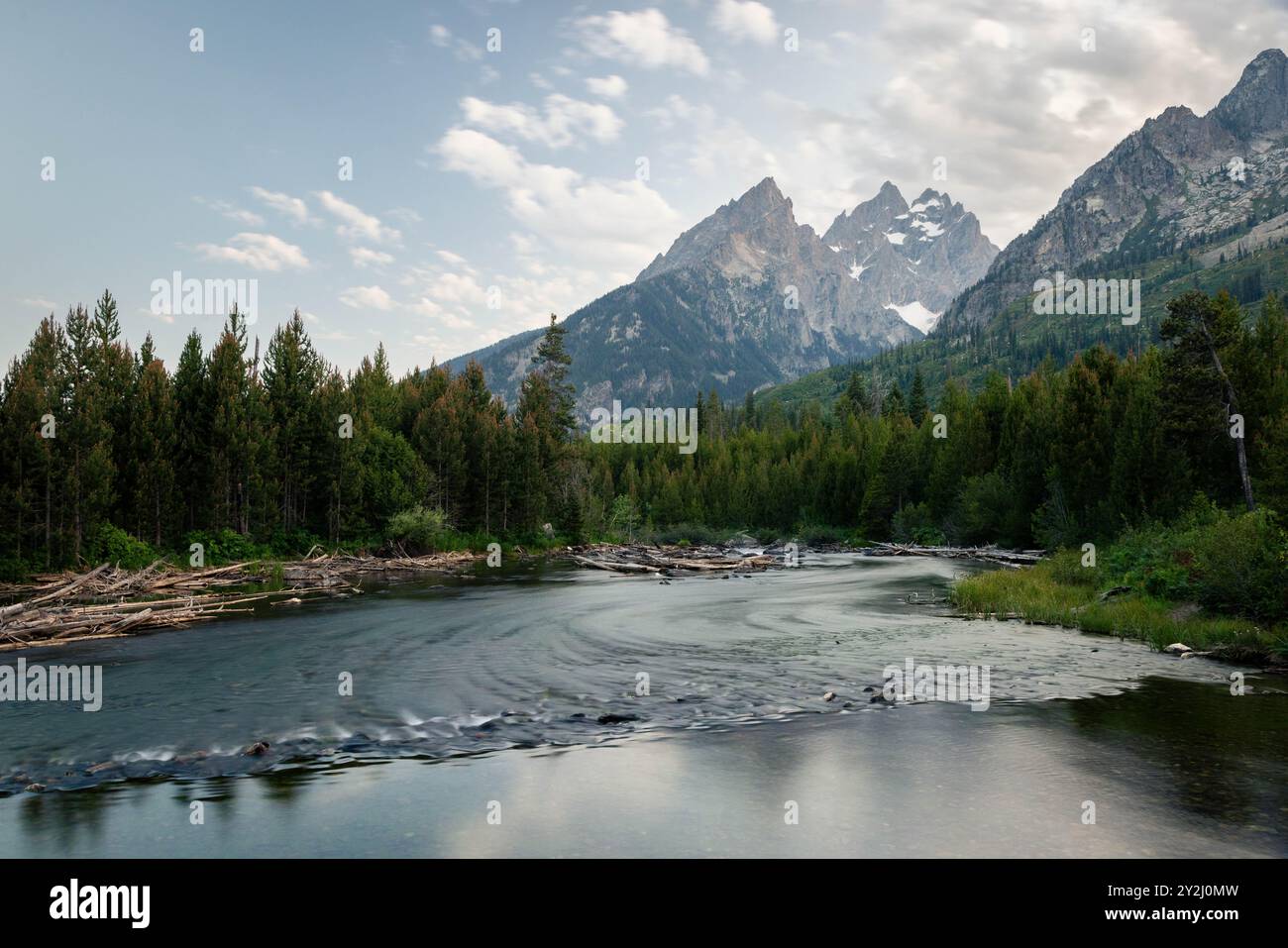 String Lake winding below the Teton Mountains as evening light ...