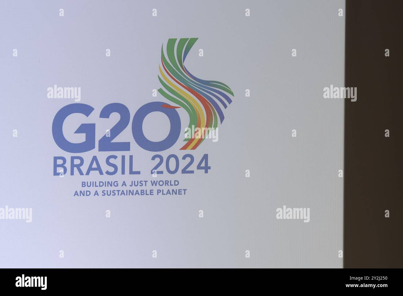20 Brazil 2024 Summit logo on wall. Symbol of the Group of 20 meeting, countries leaders address ...