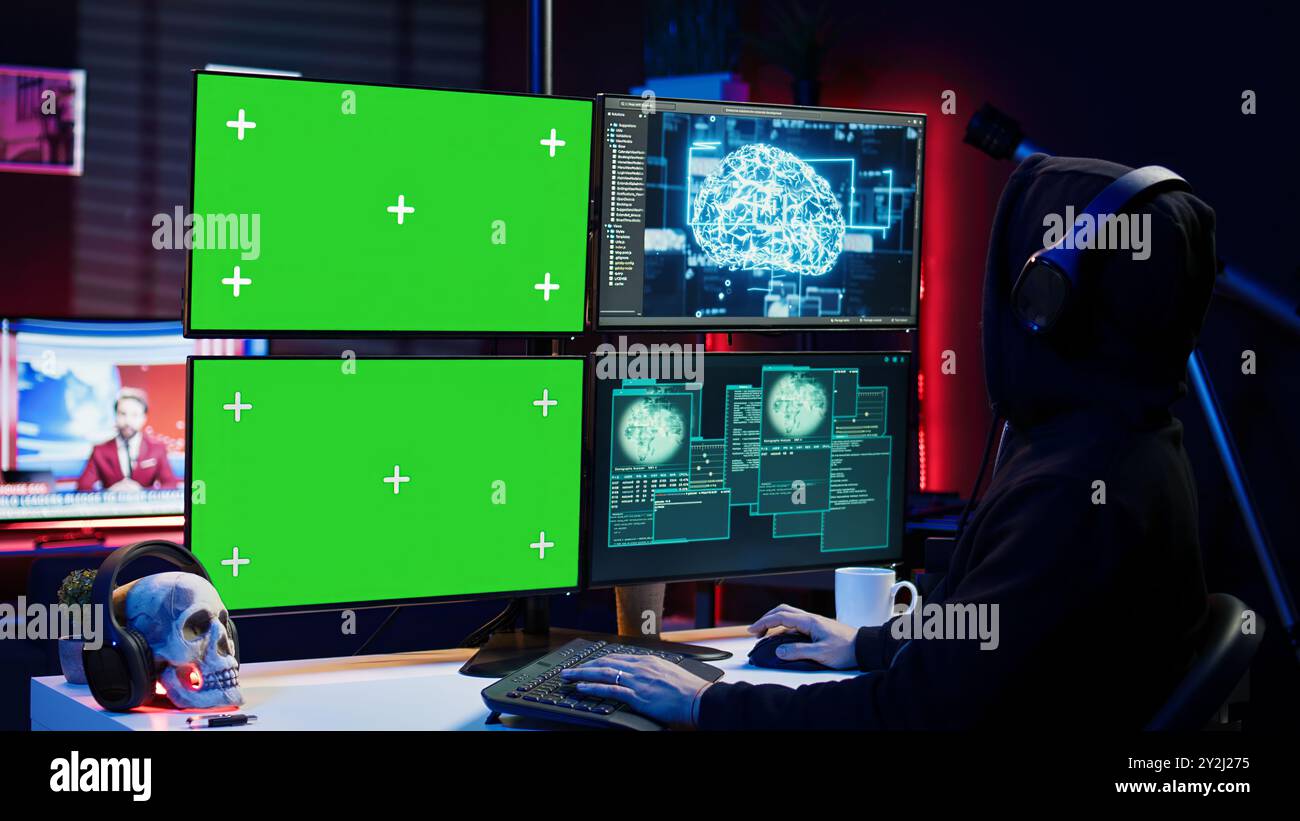 Hacker listening music while using isolated screen PC and AI to steal ...