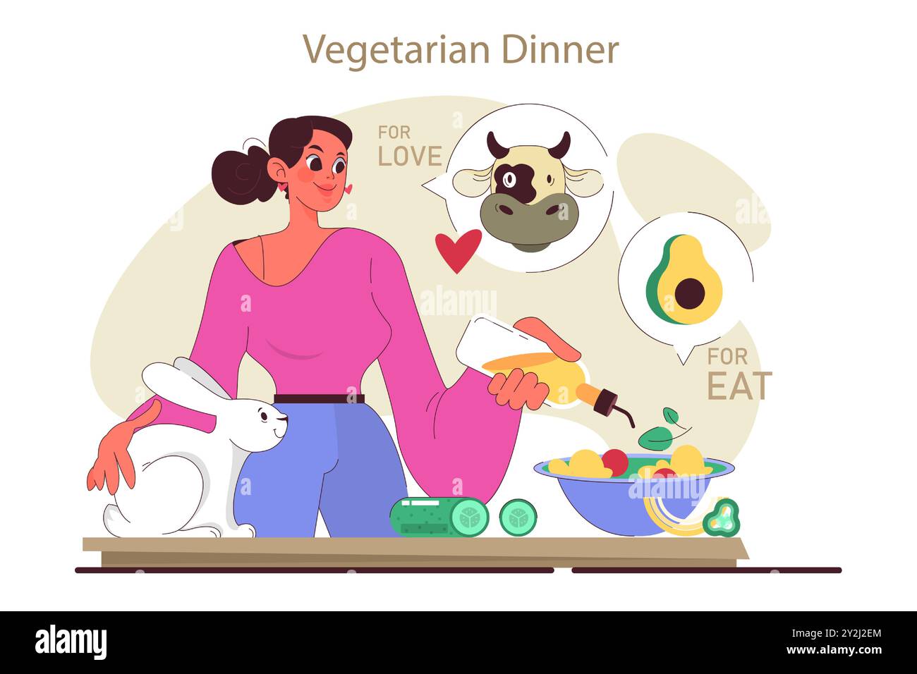 Healthy vegetarian diet. Female character eating fresh vegetables and ...