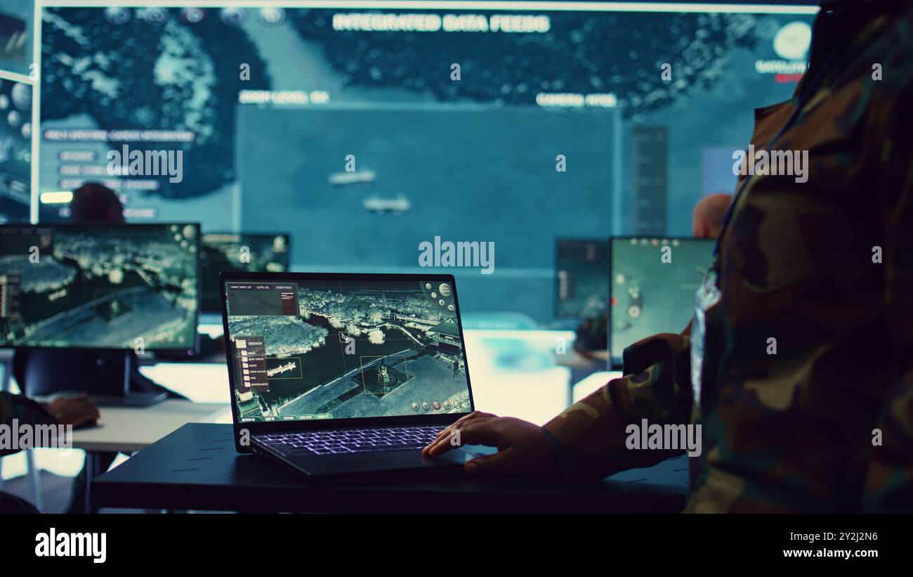 Navy operations specialist examines ships along the coast line to ...