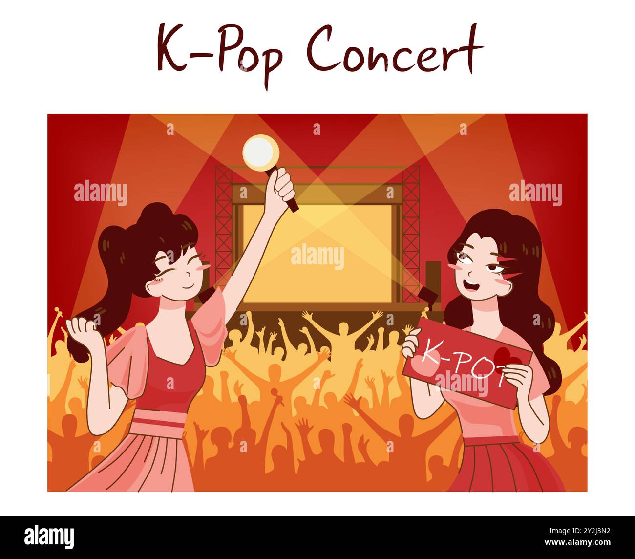 K-pop concert. Korean girls standing by stage. Character singing songs ...