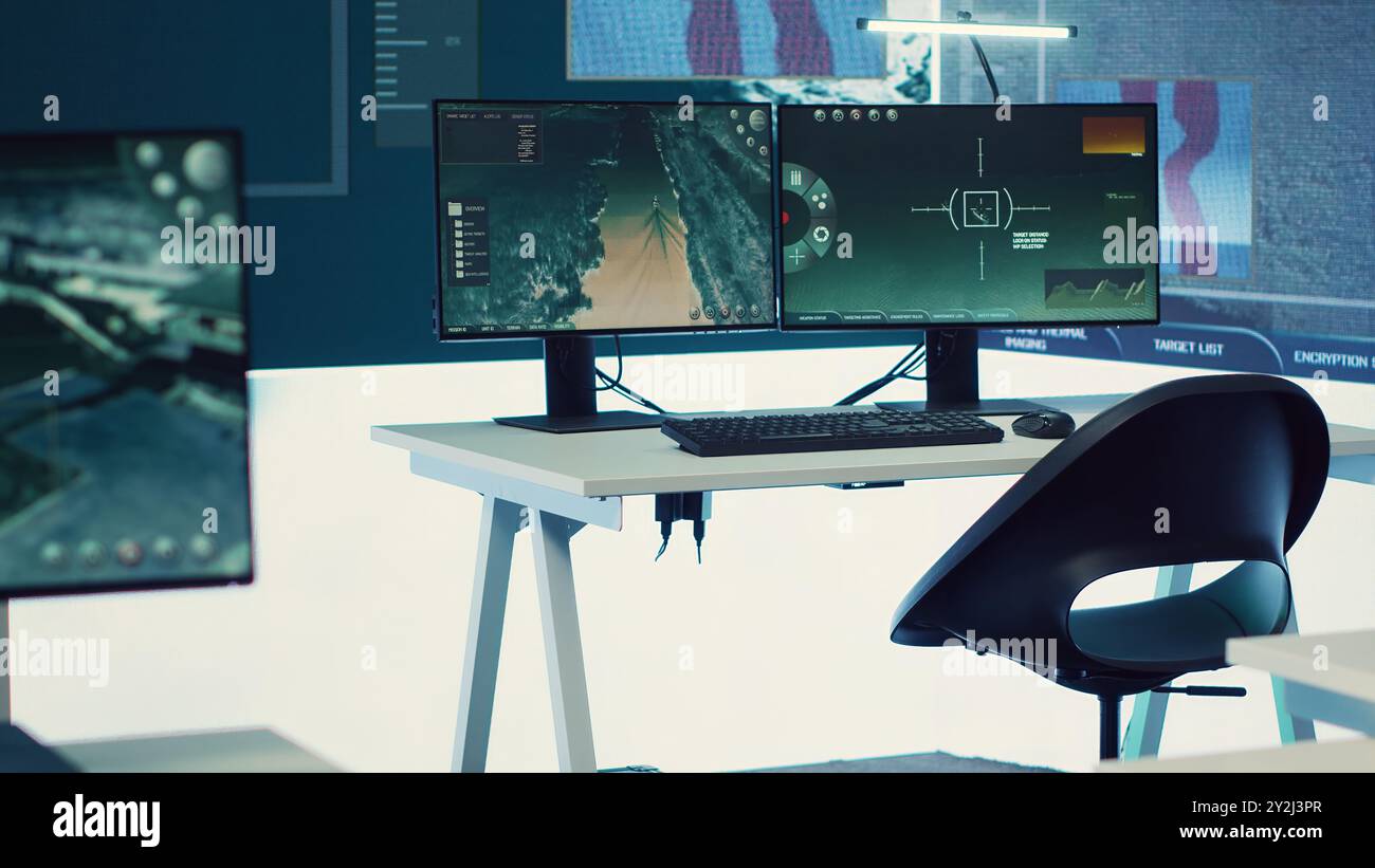 Government army headquarters monitoring room with big screen examining ...