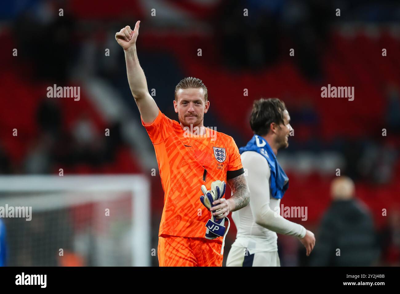 Jordan Pickford of England gives the thumbs up to the fans at the end ...
