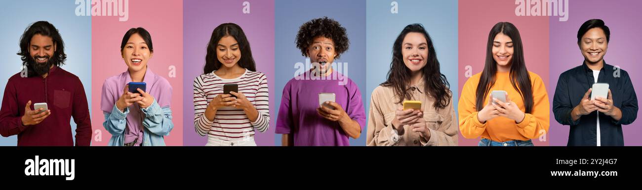 Diverse group of people engaged with mobile phones in colorful backdrop ...