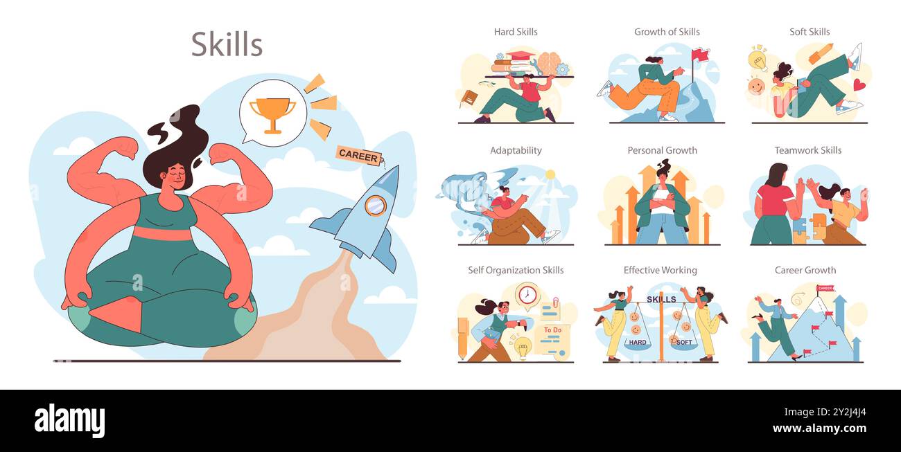 Skills development set. Professional competences hard and soft skills ...