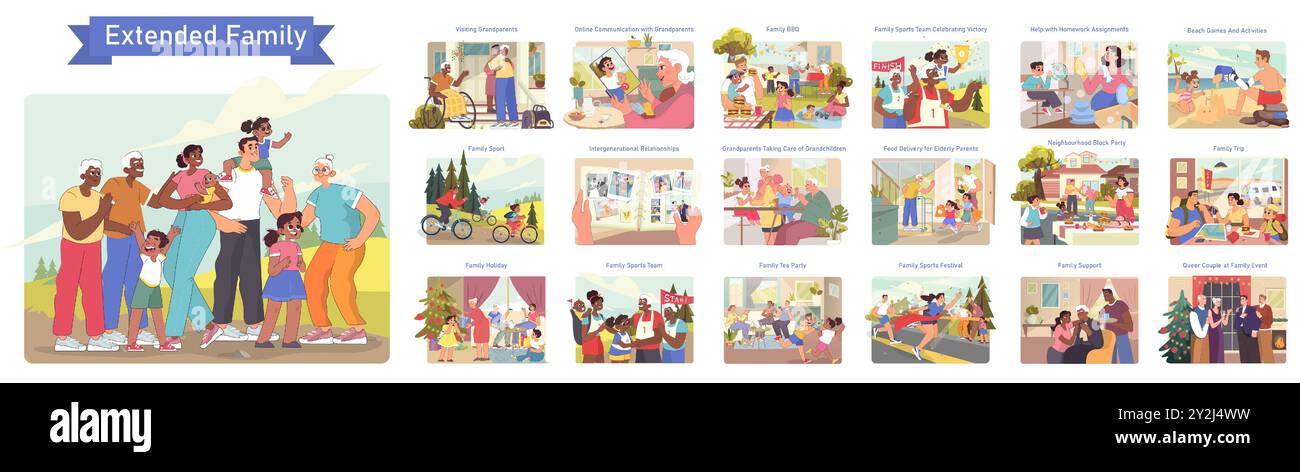 Big intergenerational family set. Grandparents, mother, father and kids ...