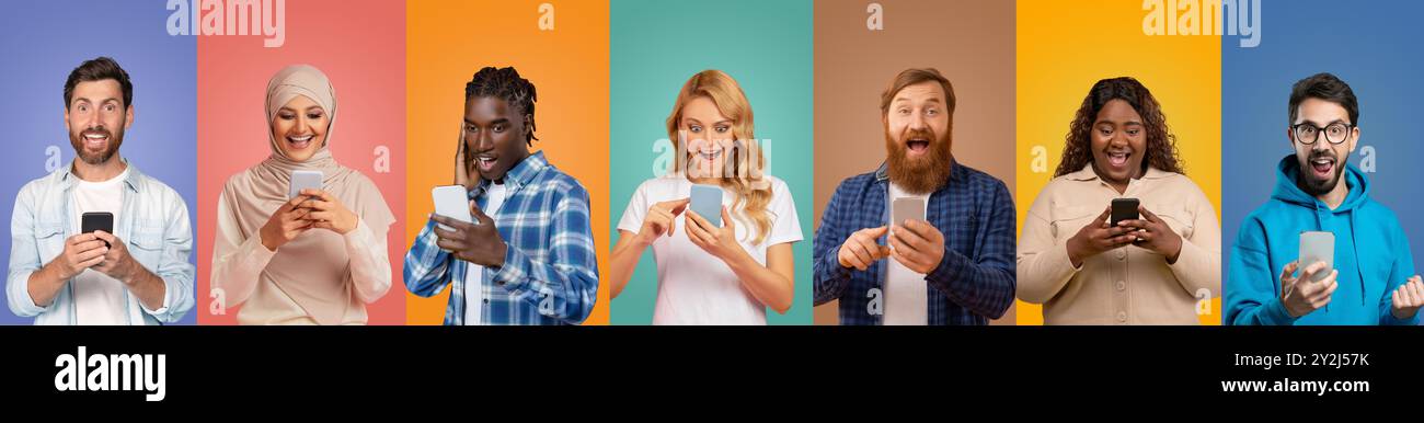 Diverse group of people happily using smartphones against colorful ...
