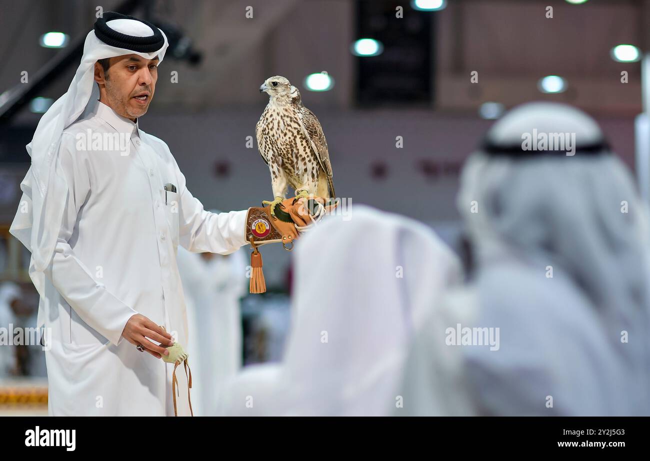 An exhibitor shows a falcon during the 8th edition of the Katara ...