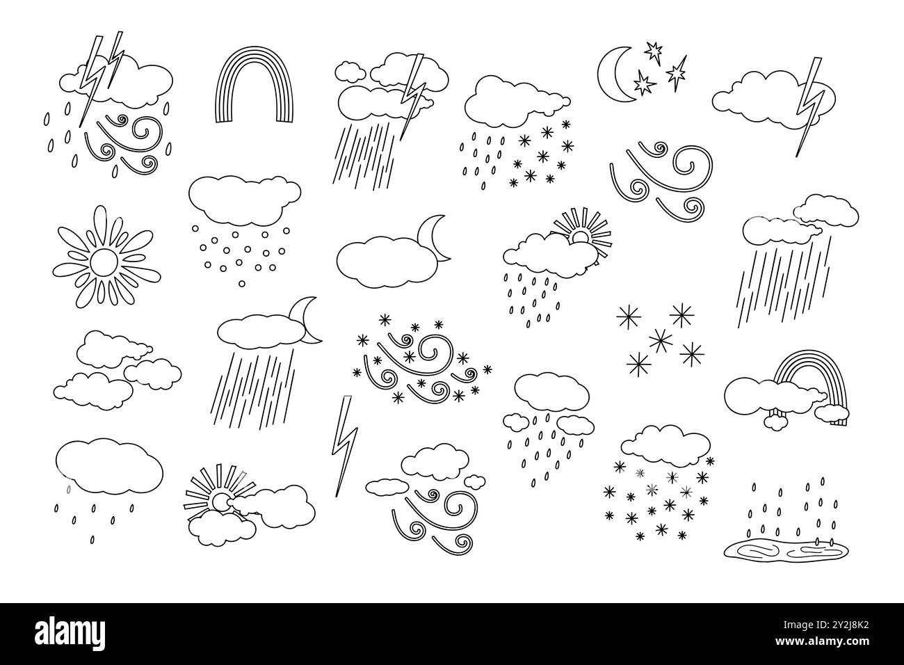 Weather elements set sun, wind, rain, fog, clouds cute hand drawn ...