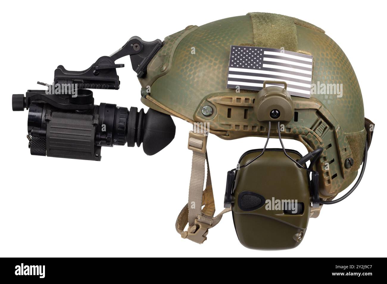 Night vision monocular on army helmet isolated on white background ...