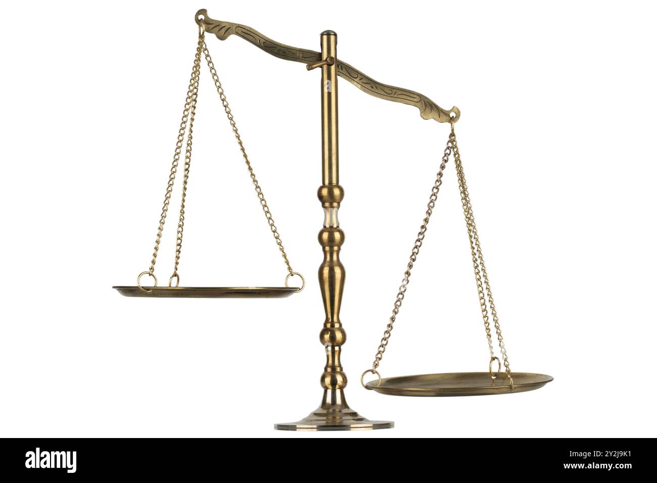 Bronze traditional balance scale with weights isolated on white ...