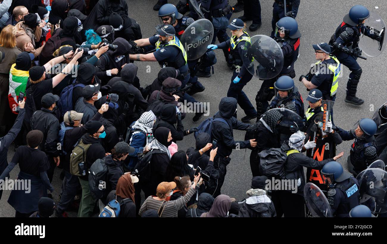 Melbourne, Australia, 11 September 2024: Anti-war activists disrupt the ...