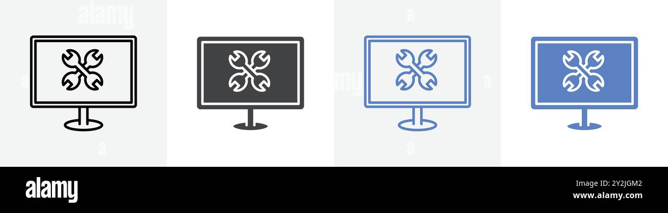 monitor repair icon linear thin line icon graphics set black and white ...