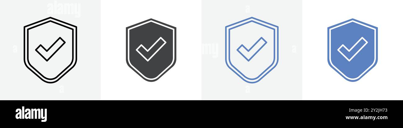 sheild tick icon linear thin line icon graphics set black and white ...